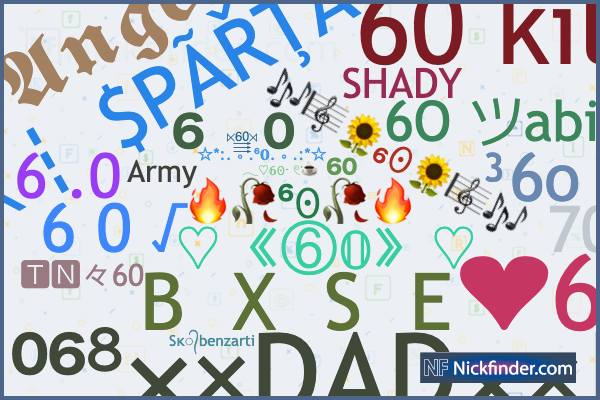 Nicknames for 60: ⁶⁰, ⁶ ⁰, 🆃🅽々60, ²⁰⁶⁸×͜×DAD×͜×ꔪ, Sᴋ᭄benzarti