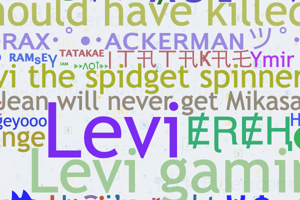 Nicknames for AOT: Ackerman, Potato girl, Levi, ᵀᴬᵀᴬᴷᴬᴱ|ㄒ卂ㄒ卂Ҝ卂乇, Eren