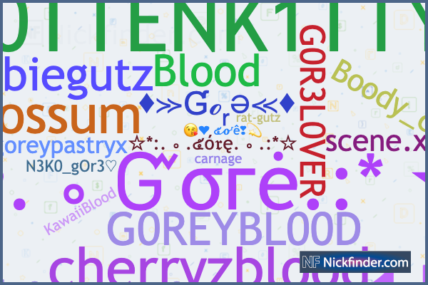 Nicknames for Gore: ꧁ঔৣ☬ Gore ☬ঔৣ꧂, pinkguts, L0V3S!CK4U ...