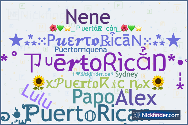 Nicknames for PuertoRican: Puertorriqueña, Richard, Papo, Alex