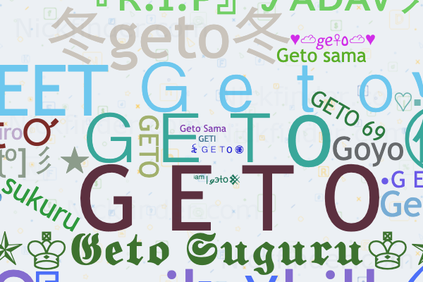 Apodos para Geto: G E T O ッ, ꫟ㅤGETOㅤ㊝, ༄ ♔𝕲𝖊𝖙𝖔 𝕾𝖚𝖌𝖚𝖗𝖚♔ ༄, 冬geto冬, ɢᴇᴛᴏ ☂