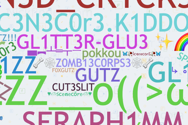 Nicknames for Scenecore: S0URBUGZ, GL1TZ!!, 🦴🕸Z0MB13C0RPS3🕸🦴, AC1D , r4wrzz